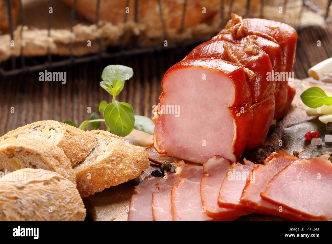 Homemade of sliced ham and bread for festive Christmas dinner, on ...