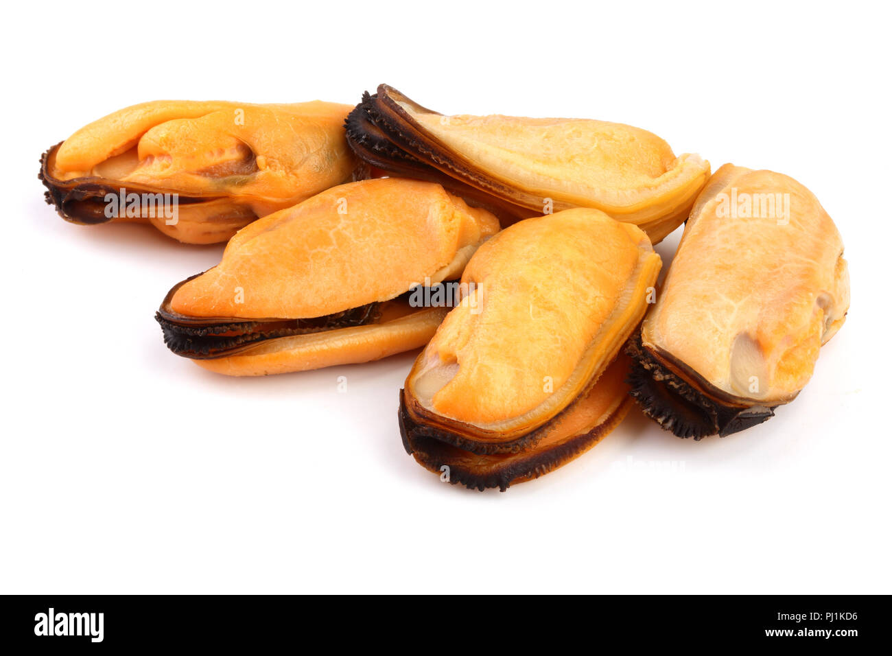 five mussel without shell isolated on white background Stock Photo - Alamy