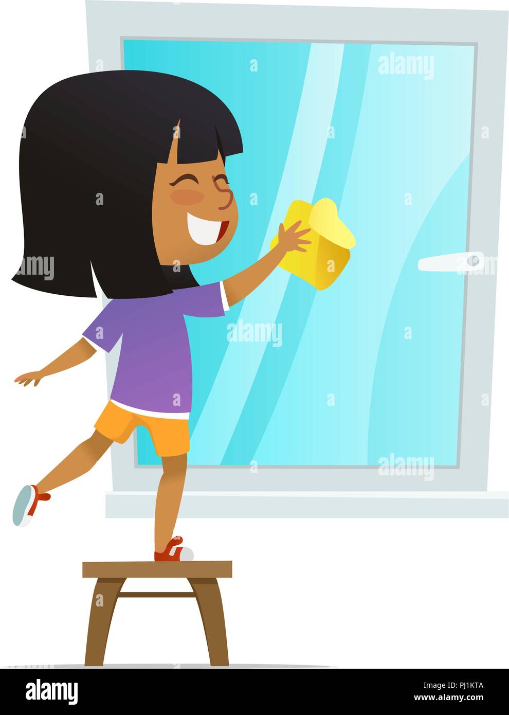 Smilind girl washing window, Concept of Montessori engaging educational ...