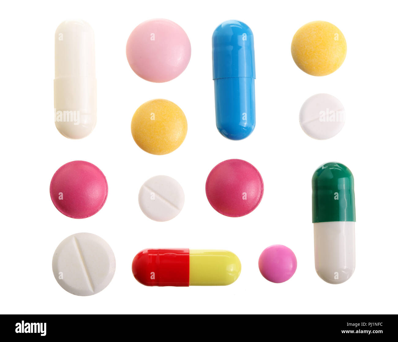 multicolor pill capsule isolated on white background. Top view. Flat ...
