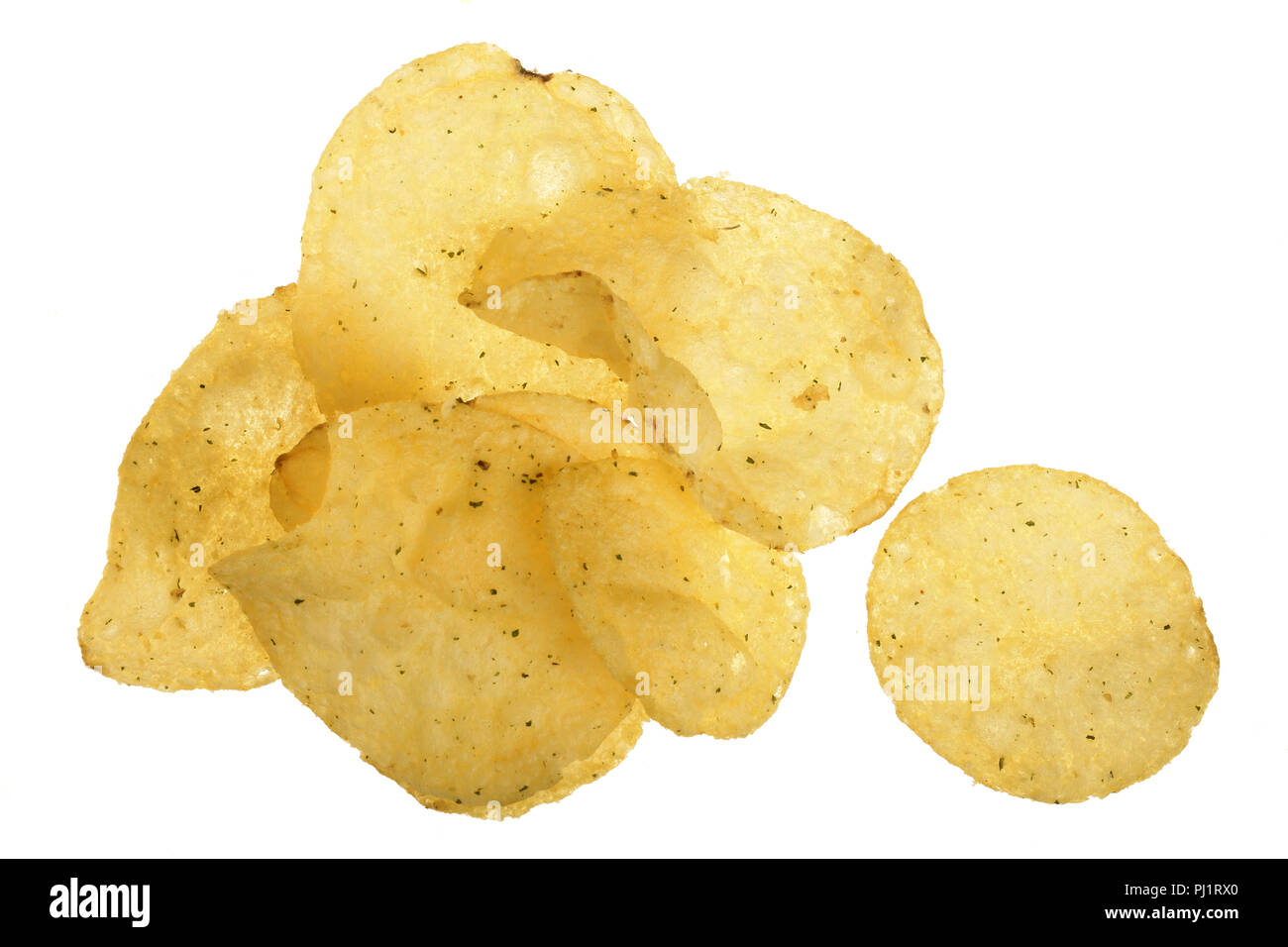 potato chips isolated on white background close-up. Top view. Flat lay ...