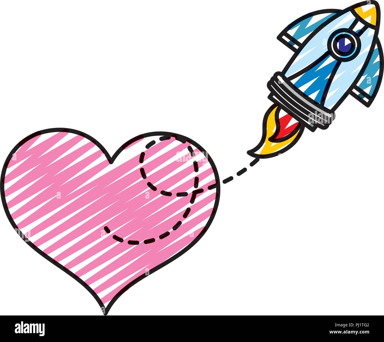 doodle heart symbol and rocket technology object Stock Vector Image ...