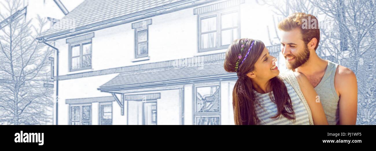 Couple hugging in front of house drawing sketch Stock Photo - Alamy