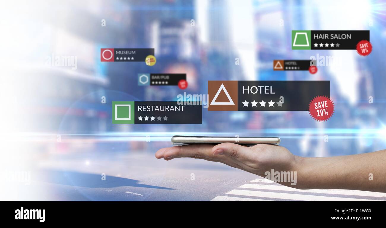 App review locations in augmented reality with city street Stock Photo ...