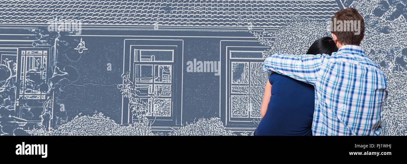 Couple sitting together in front of house drawing sketch Stock Photo ...
