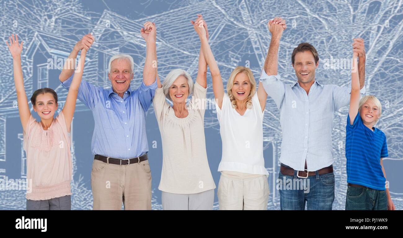 Family generations in front of house drawing sketch Stock Photo - Alamy