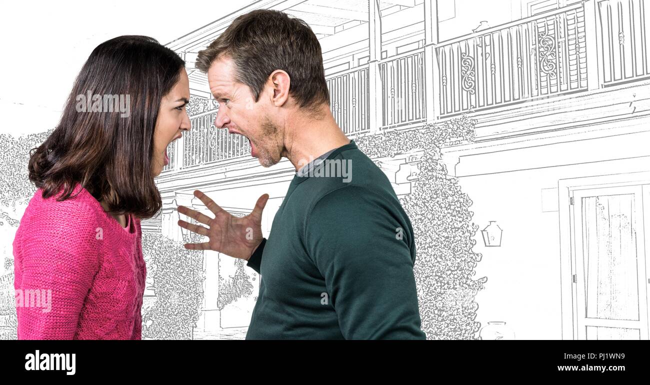 Couple argueing in front of house drawing sketch Stock Photo - Alamy