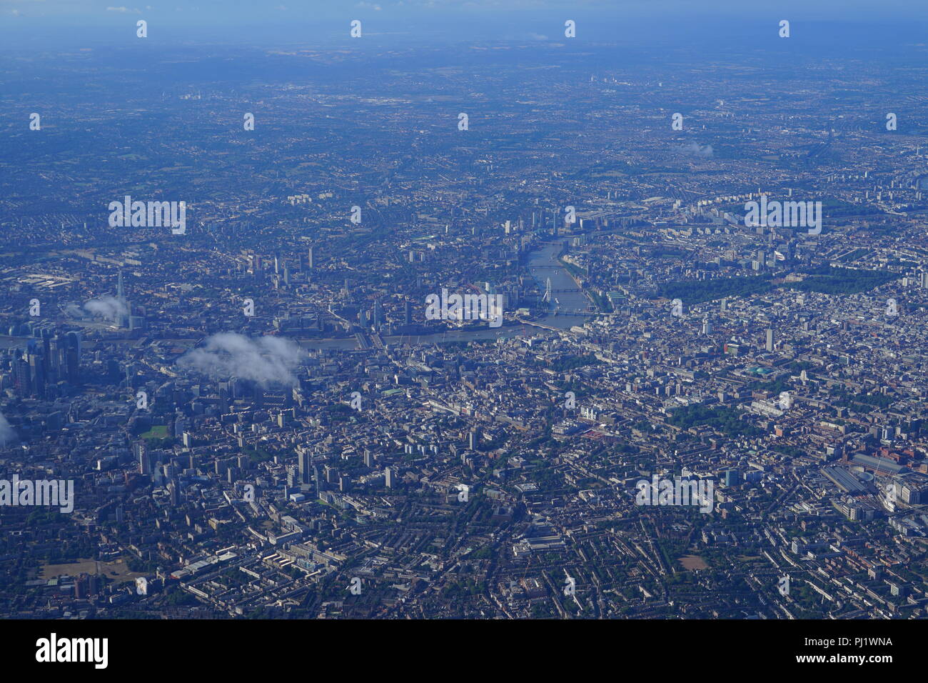 Aerial view of Central London and the River Thames from an airplane ...
