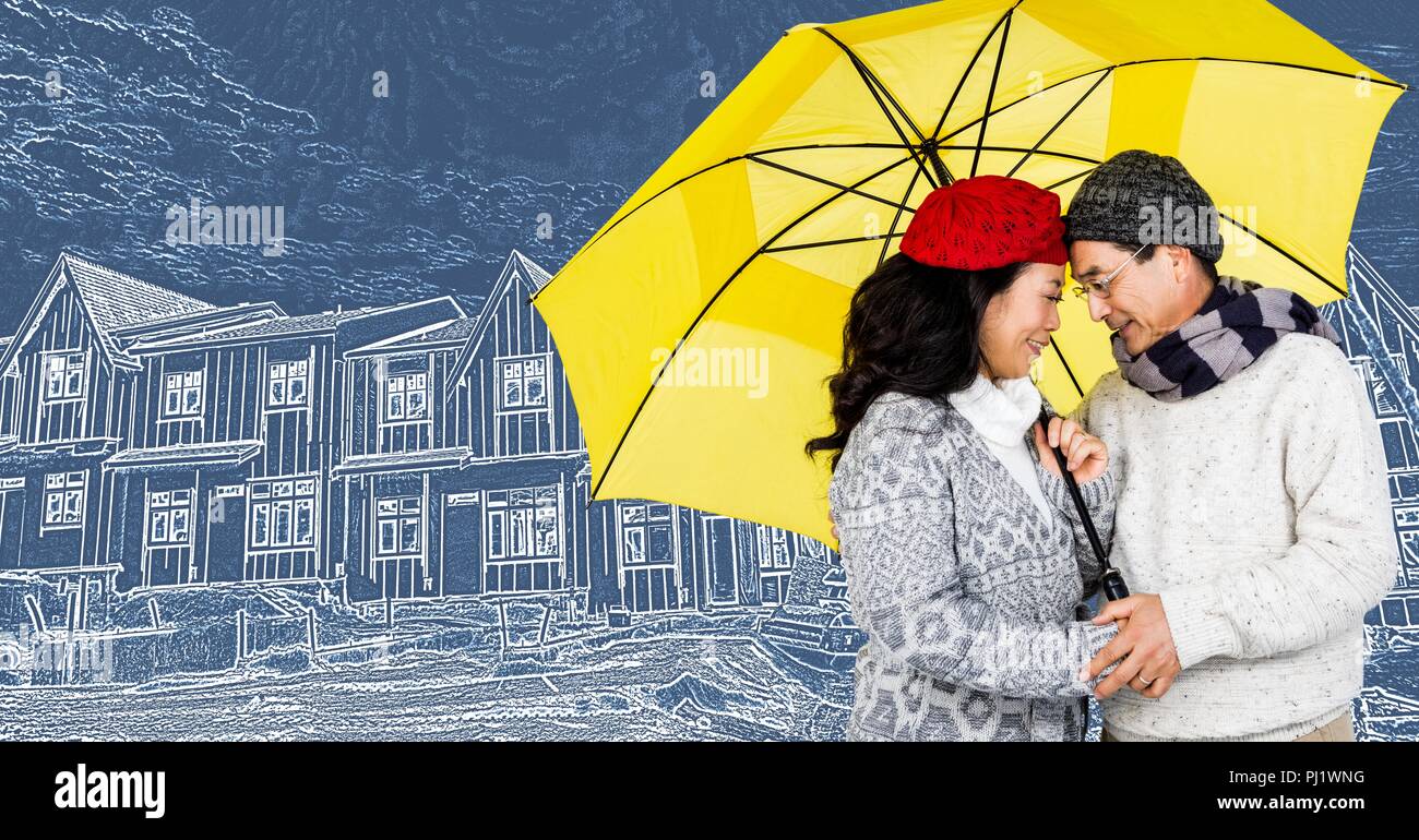 Couple under umbrella in front of house drawing sketch Stock Photo - Alamy