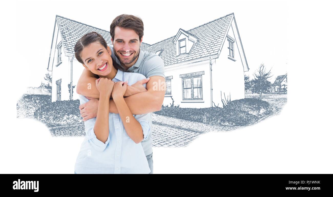 Couple hugging in front of house drawing sketch Stock Photo - Alamy
