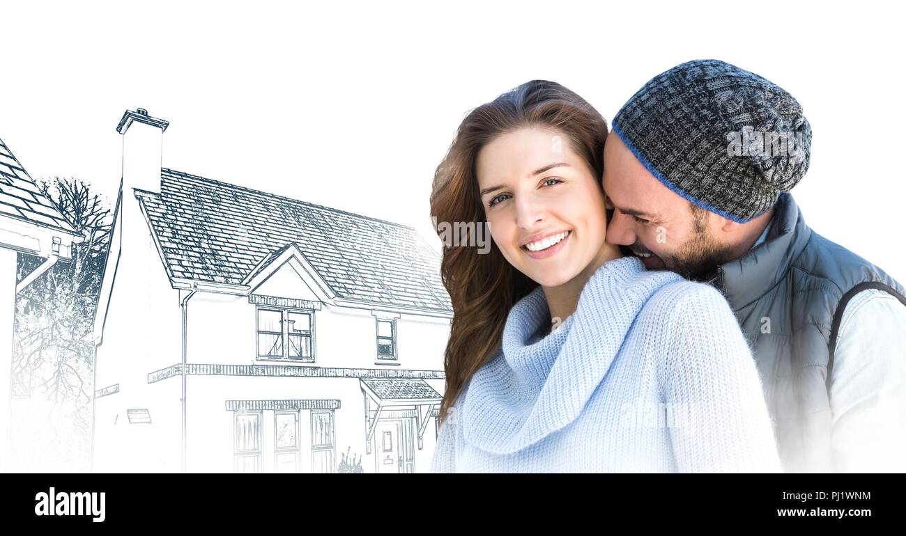 Couple hugging in front of house drawing sketch Stock Photo - Alamy
