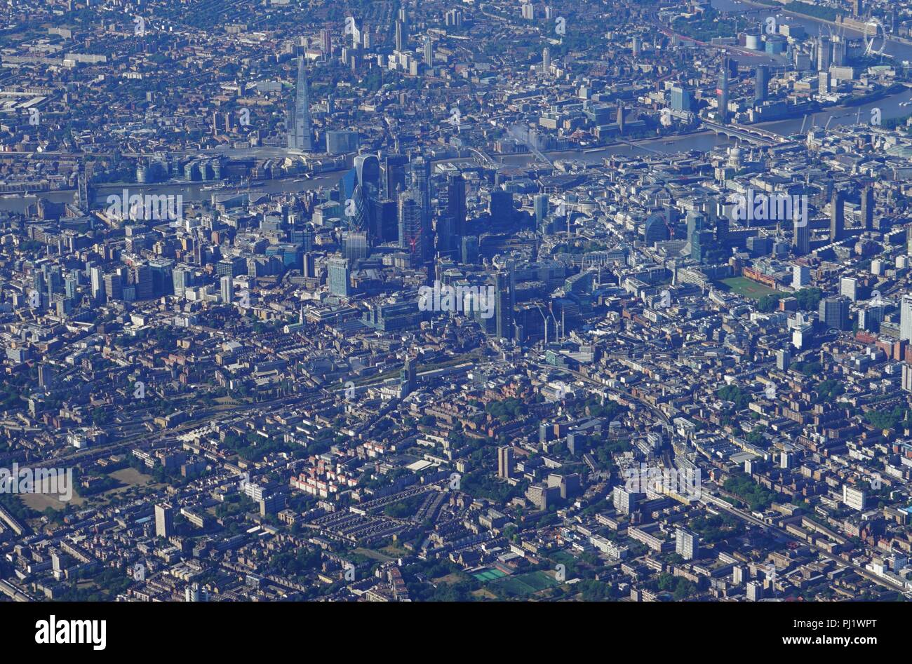 Aerial view of Central London and the River Thames from an airplane ...