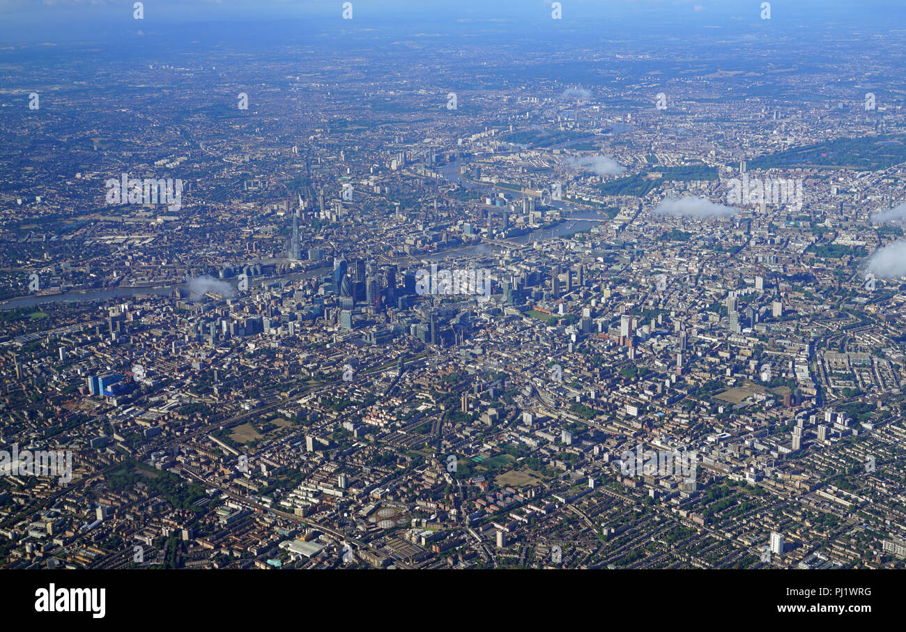 Aerial view of Central London and the River Thames from an airplane ...