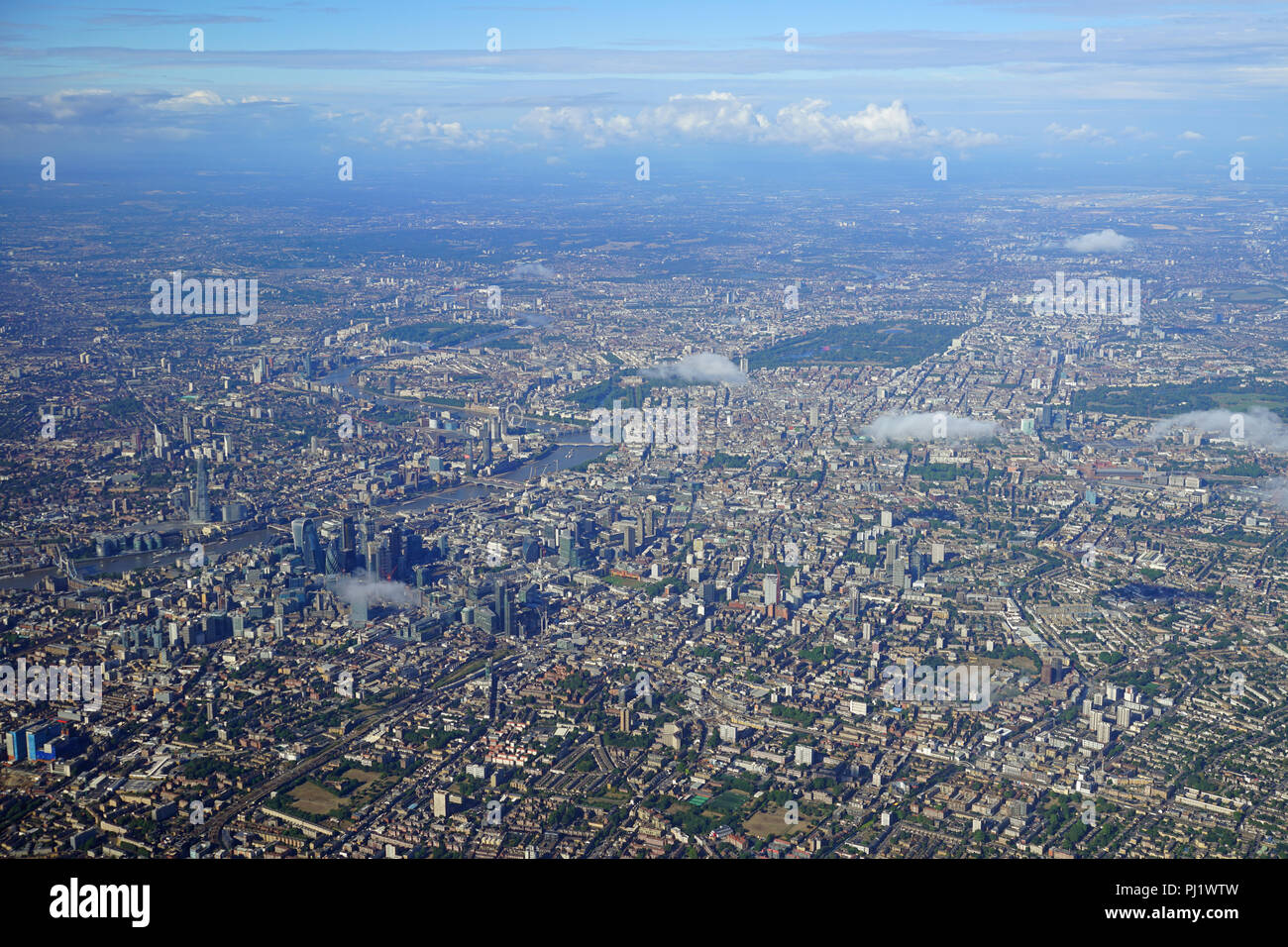Aerial view of Central London and the River Thames from an airplane ...