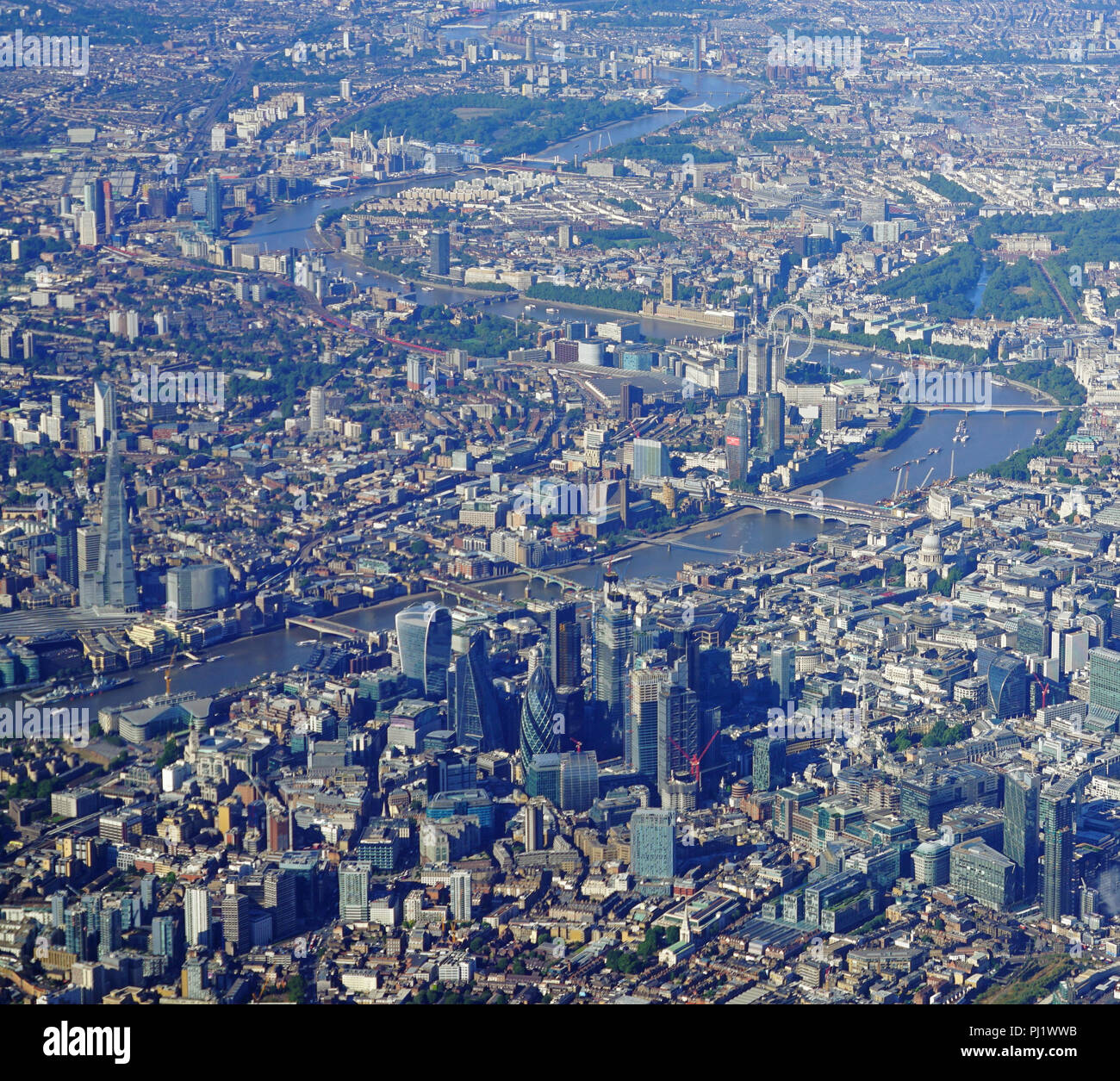 Aerial view of Central London and the River Thames from an airplane ...
