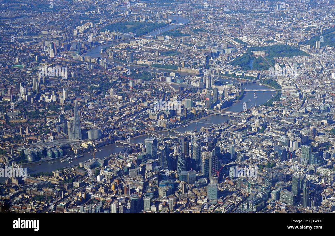 Aerial view of Central London and the River Thames from an airplane ...