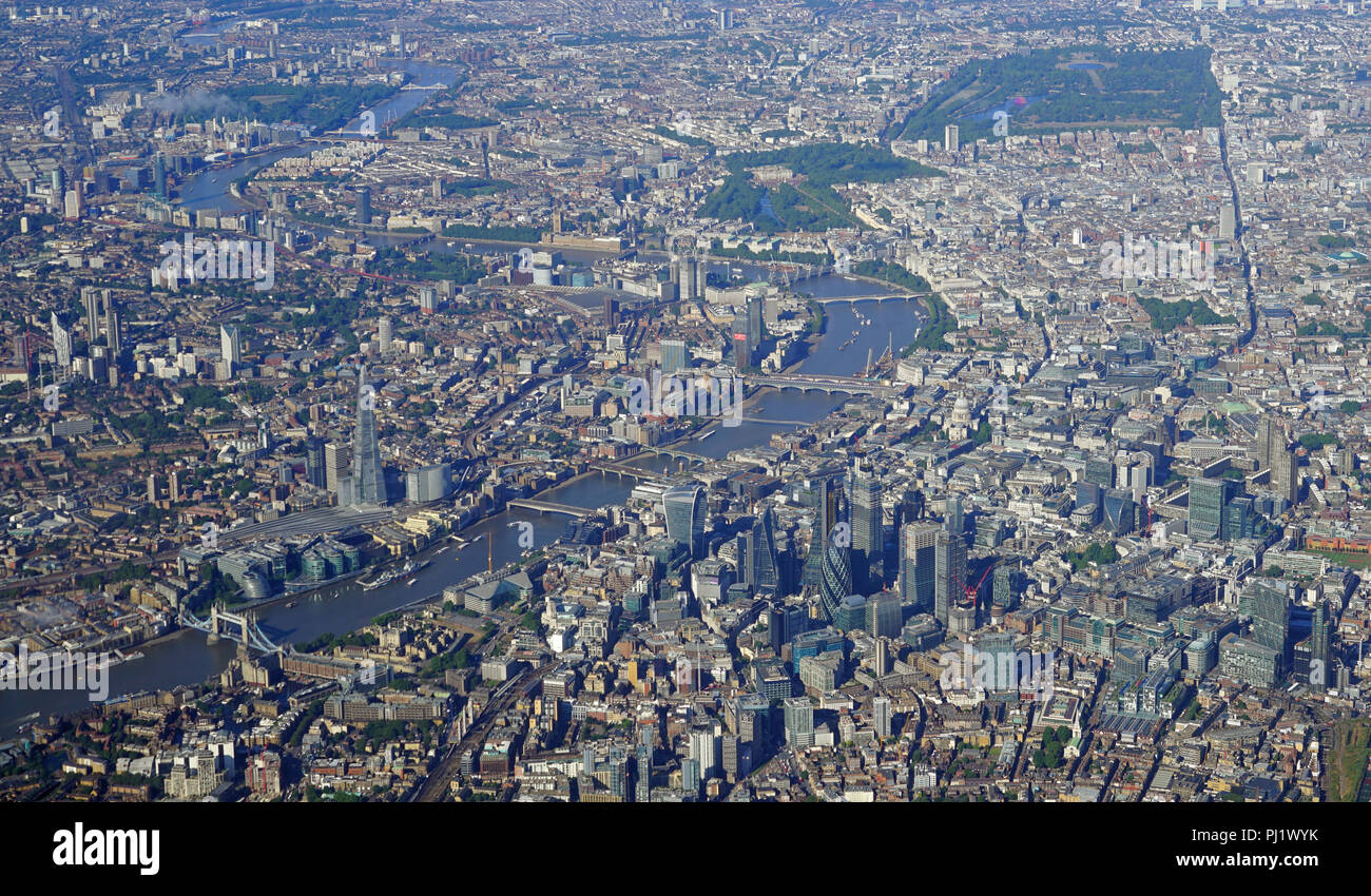 Aerial view of Central London and the River Thames from an airplane ...