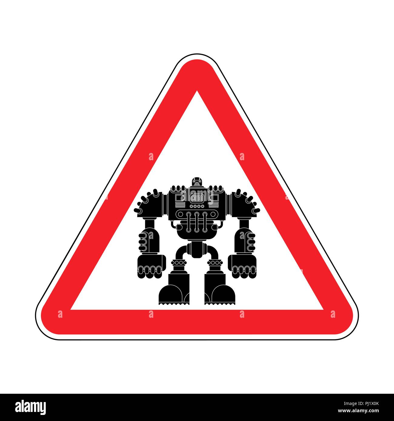 Attention Robot. Caution red road sign Cyborg warrior future. Vector ...
