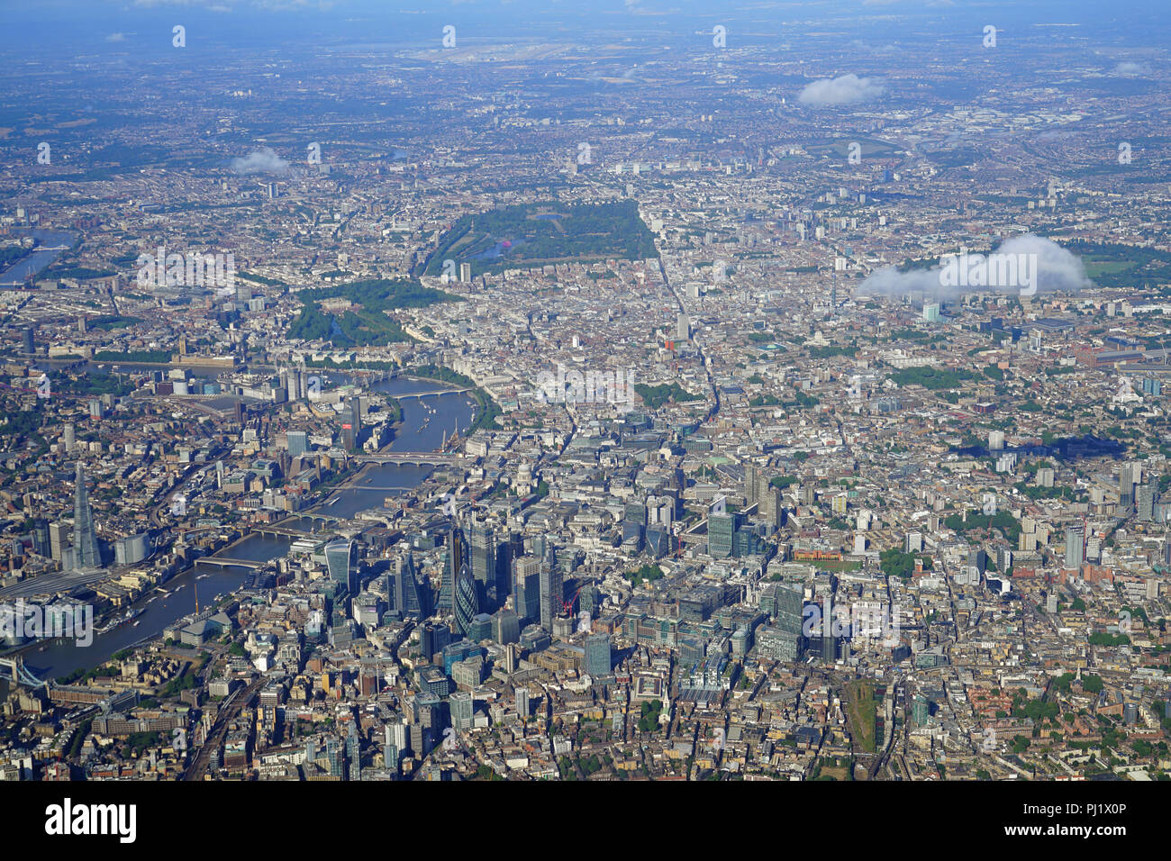 Aerial view of Central London and the River Thames from an airplane ...