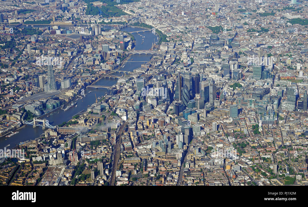 Aerial view of Central London and the River Thames from an airplane ...