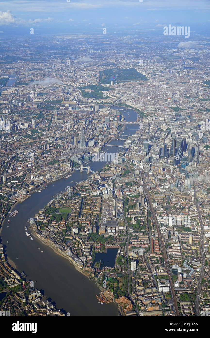 Aerial view of Central London and the River Thames from an airplane ...