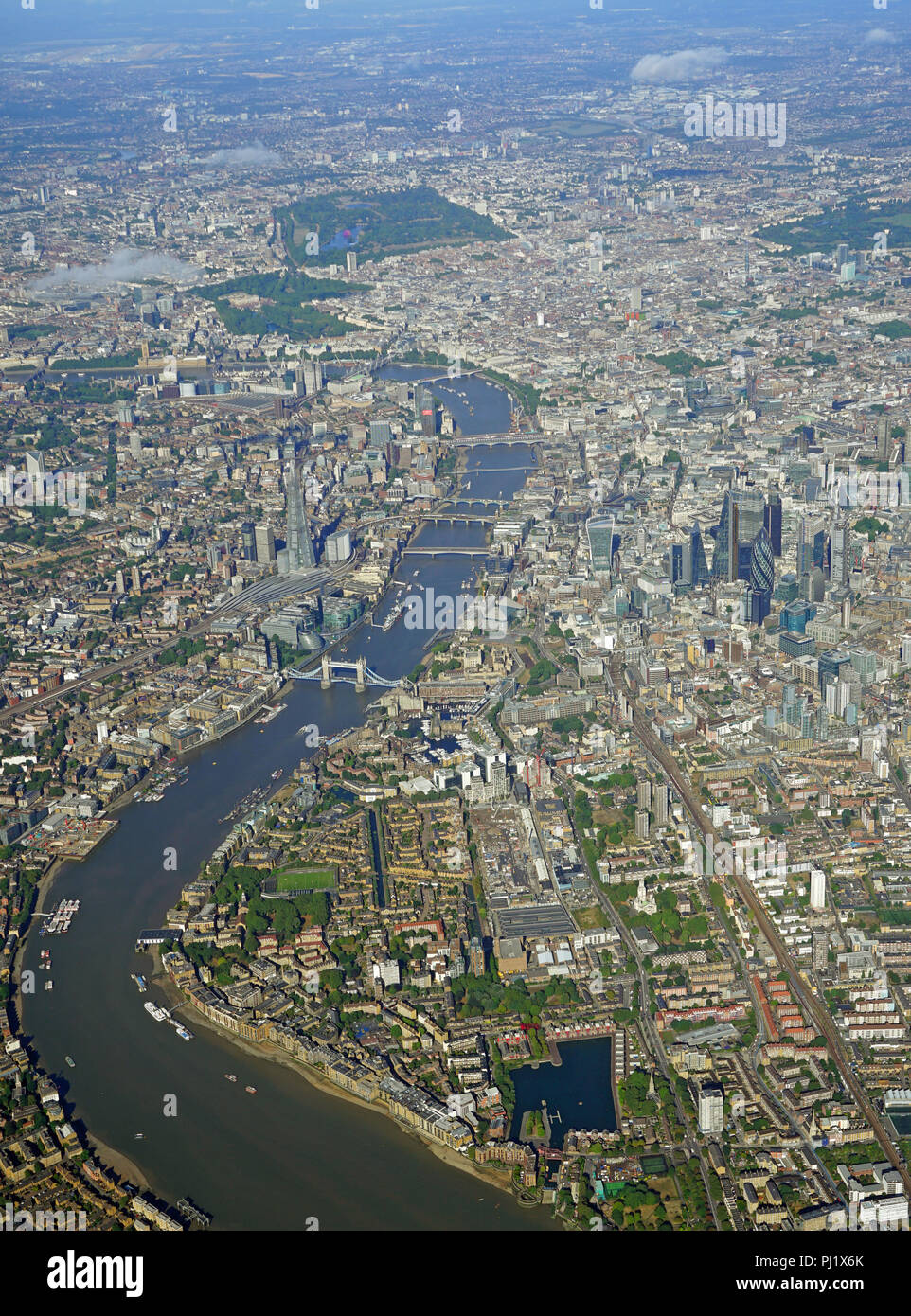 Aerial view of Central London and the River Thames from an airplane ...