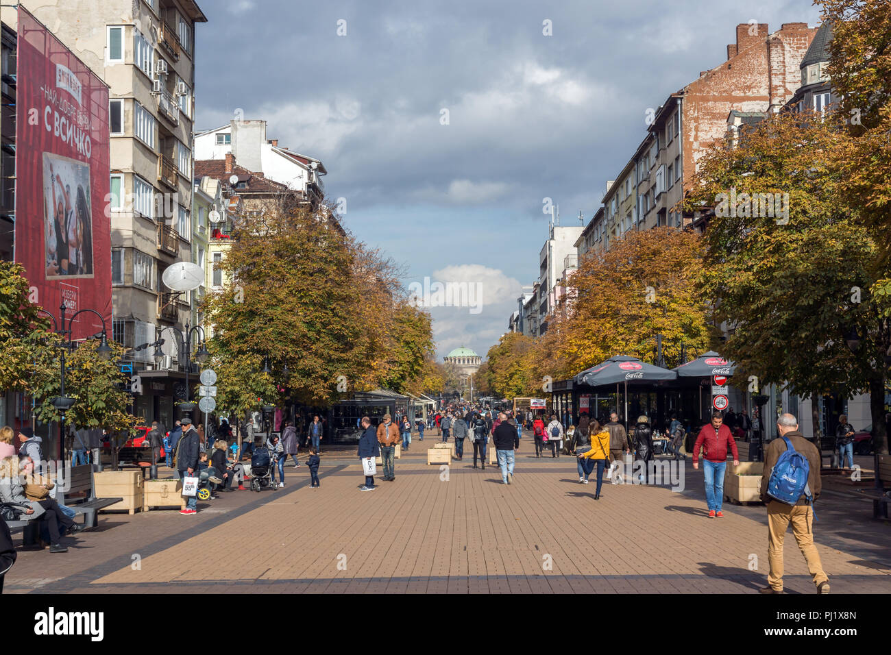 SOFIA, BULGARIA -NOVEMBER 12, 2017: Walking people on Boulevard Vitosha in city of Sofia ...