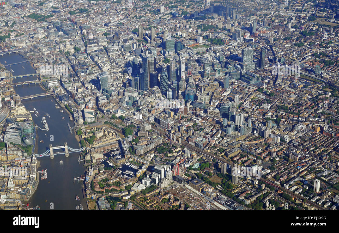 Aerial view of Central London and the River Thames from an airplane ...