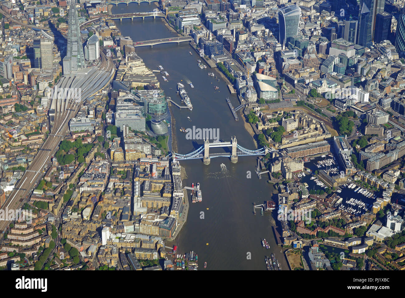 Aerial view of Central London and the River Thames from an airplane ...