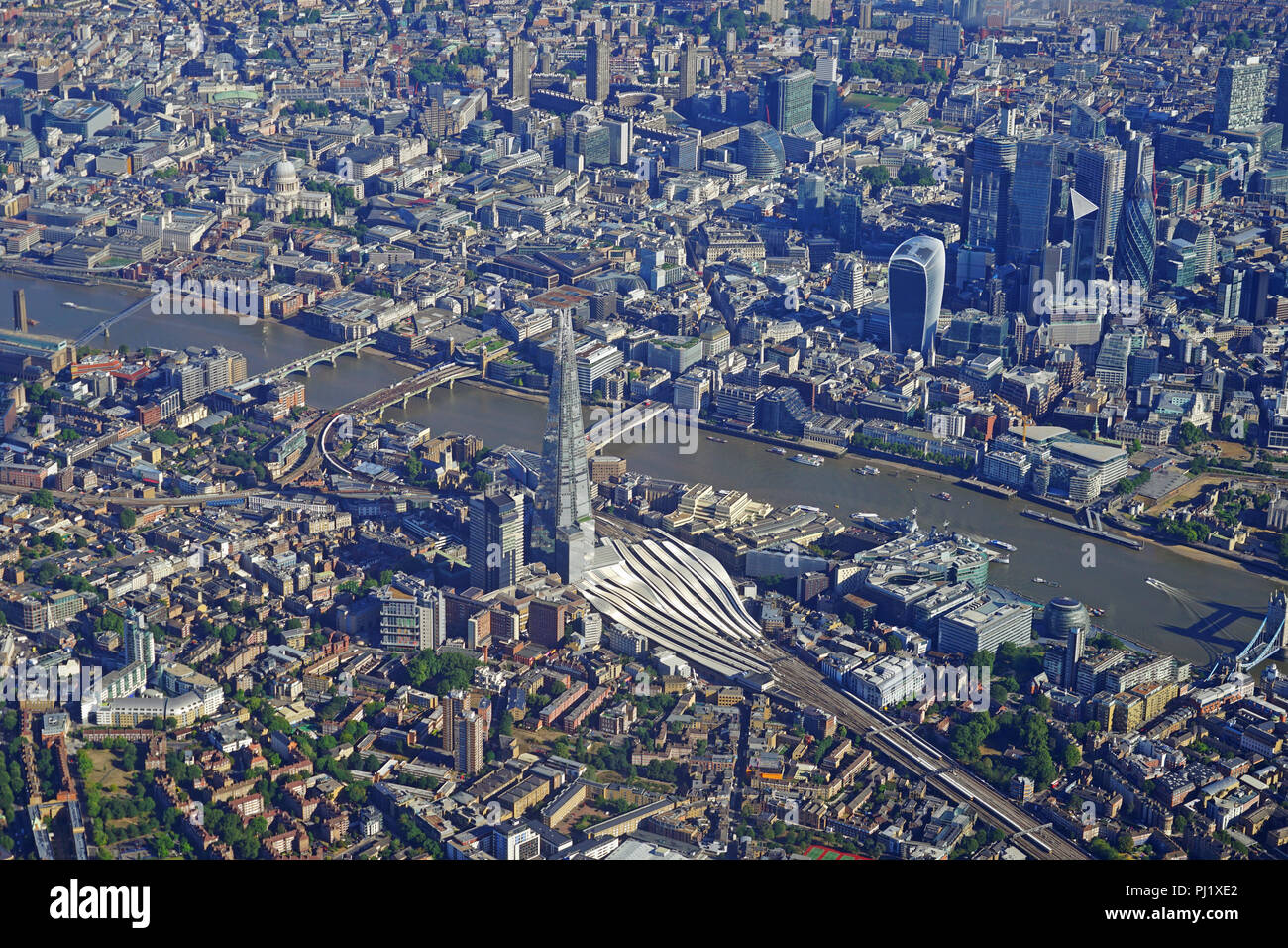 Aerial view of Central London and the River Thames from an airplane ...
