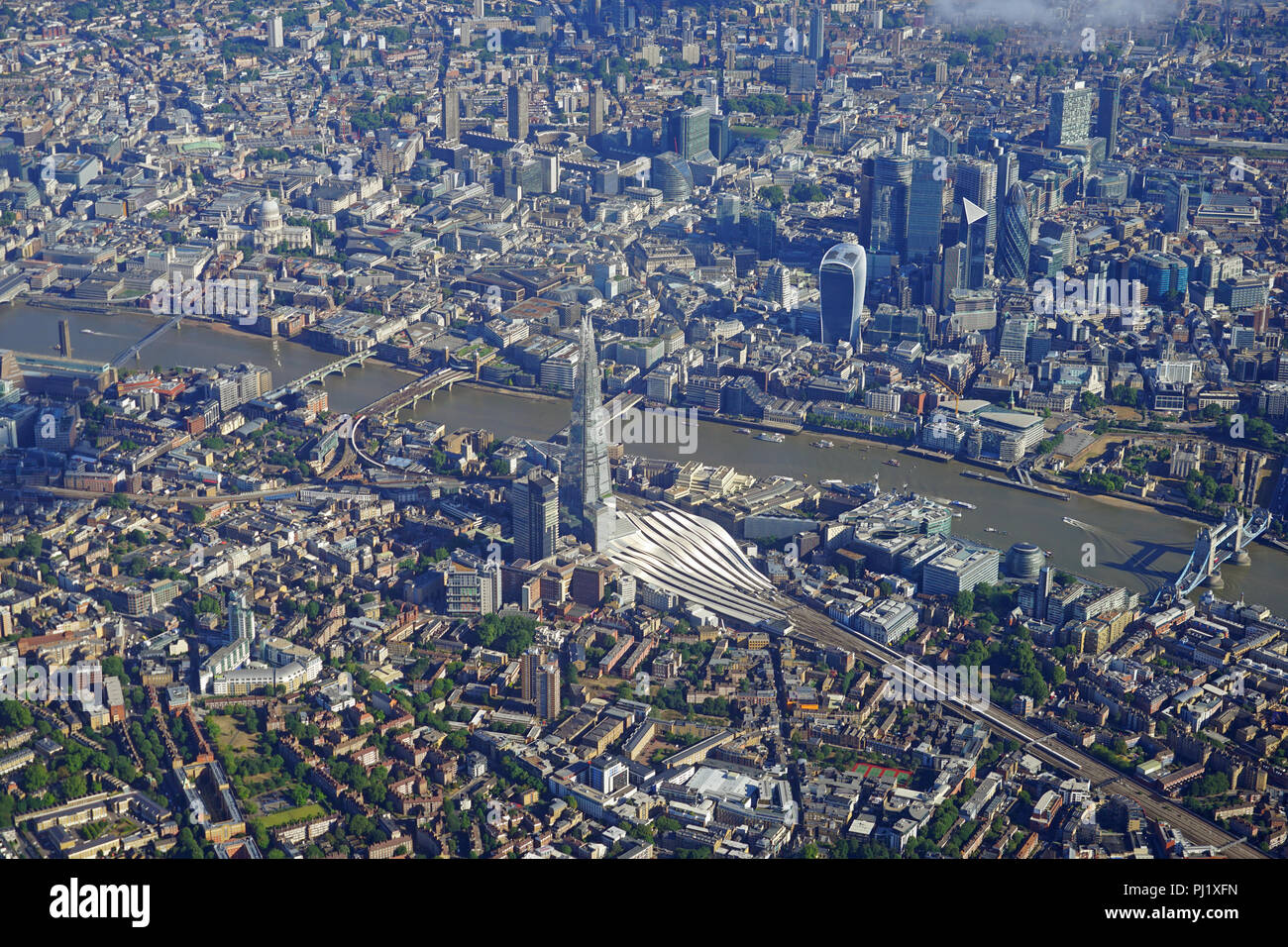 Aerial view of Central London and the River Thames from an airplane ...