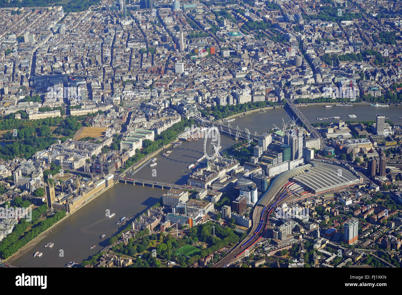 Aerial view of Central London and the River Thames from an airplane ...
