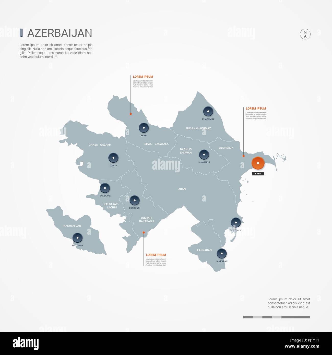 Azerbaijan map with borders, cities, capital Baku and administrative ...