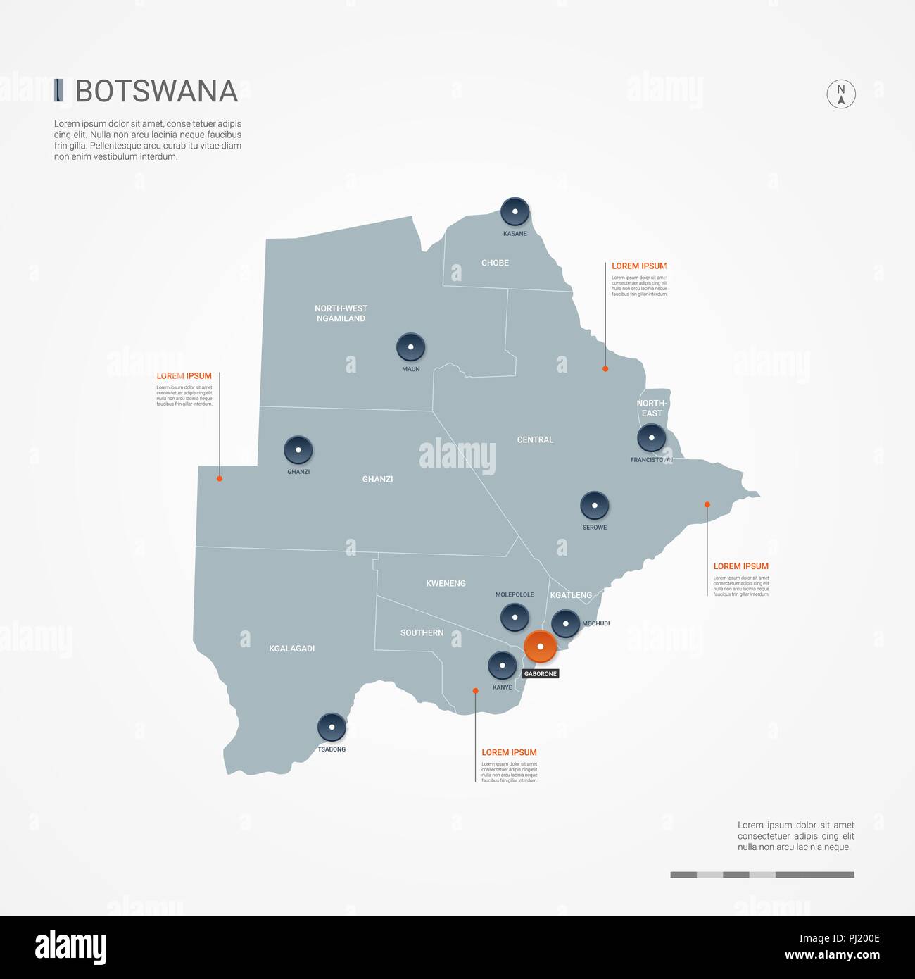 Botswana map with borders, cities, capital and administrative divisions ...