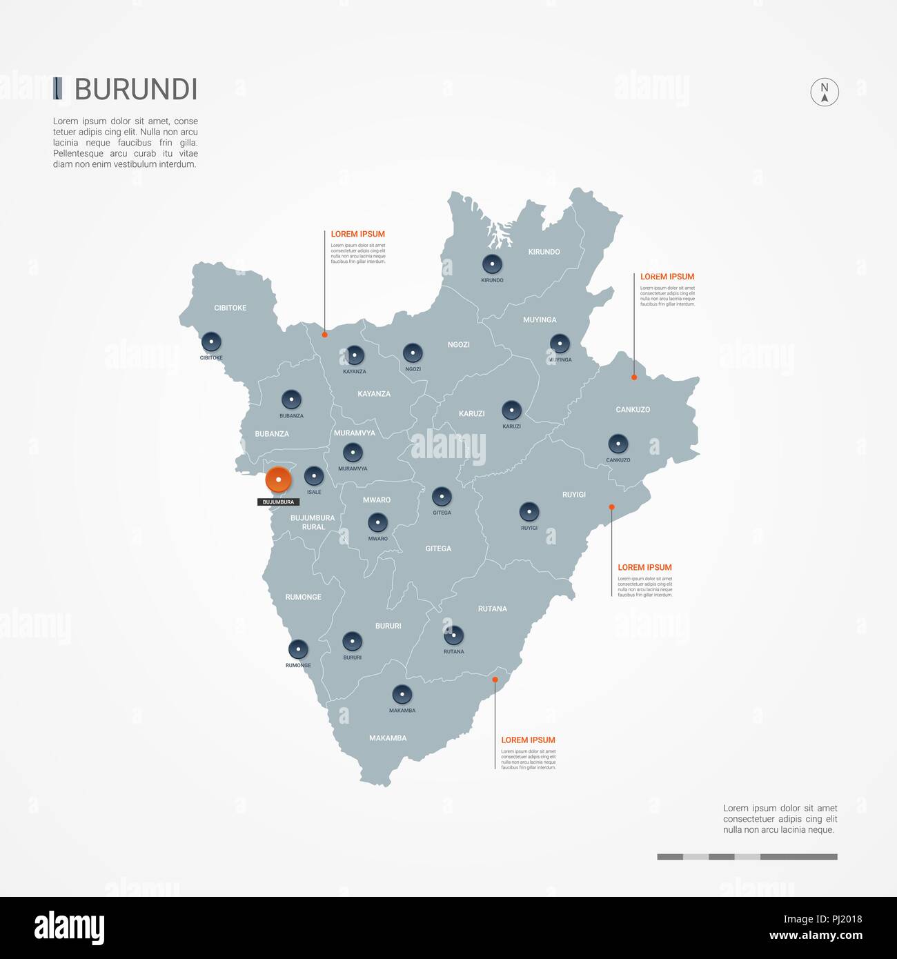 Burundi map with borders, cities, capital and administrative divisions ...