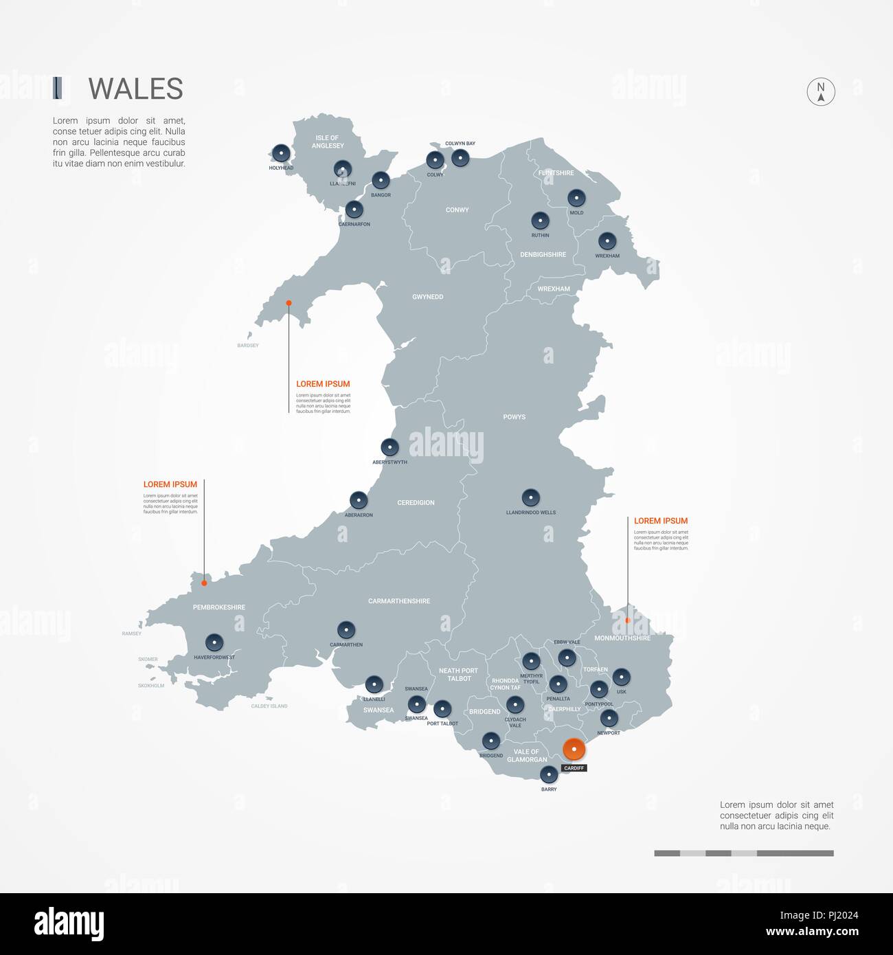 Wales map with borders, cities, capital and administrative divisions ...