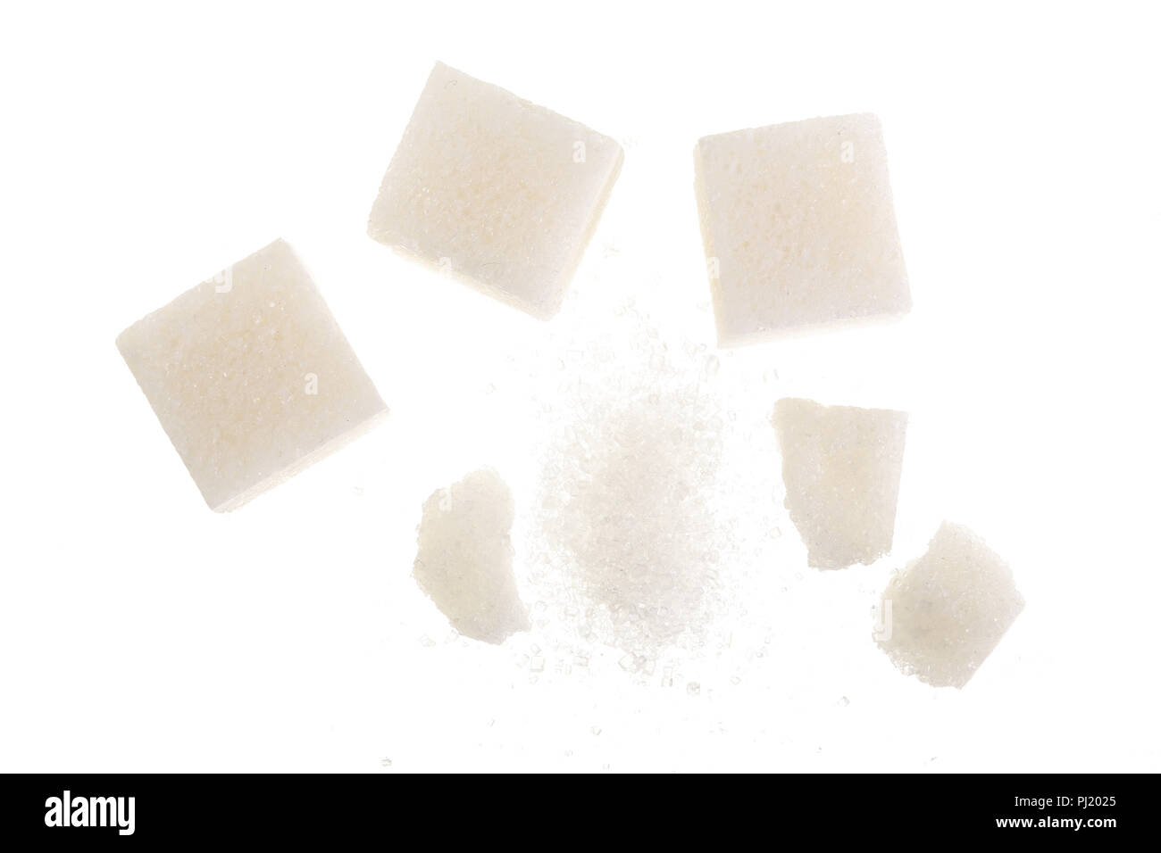 Sugar cubes isolated on white background, close up. Top view. Flat lay ...