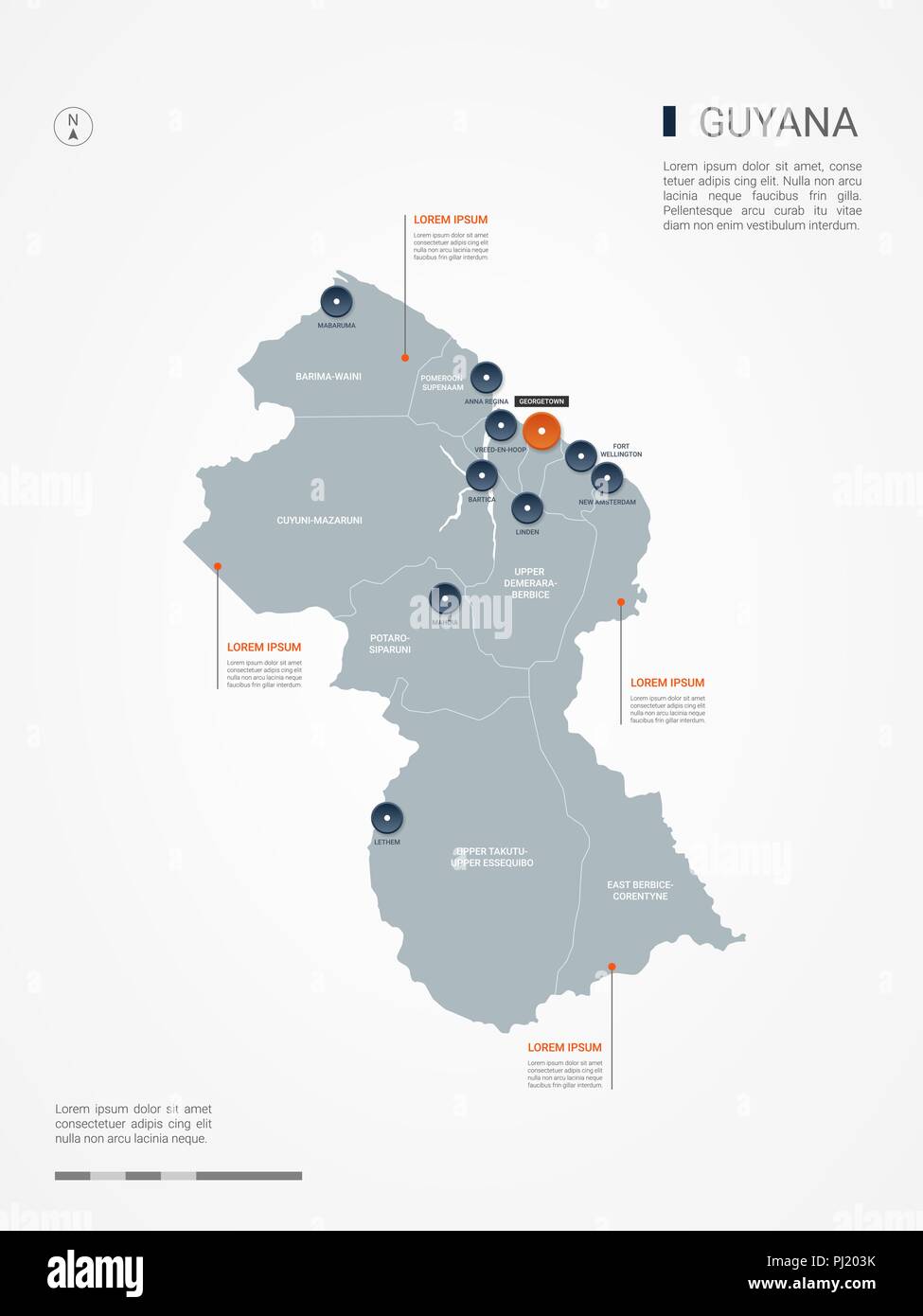 Guyana map with borders, cities, capital and administrative divisions. Infographic vector map ...