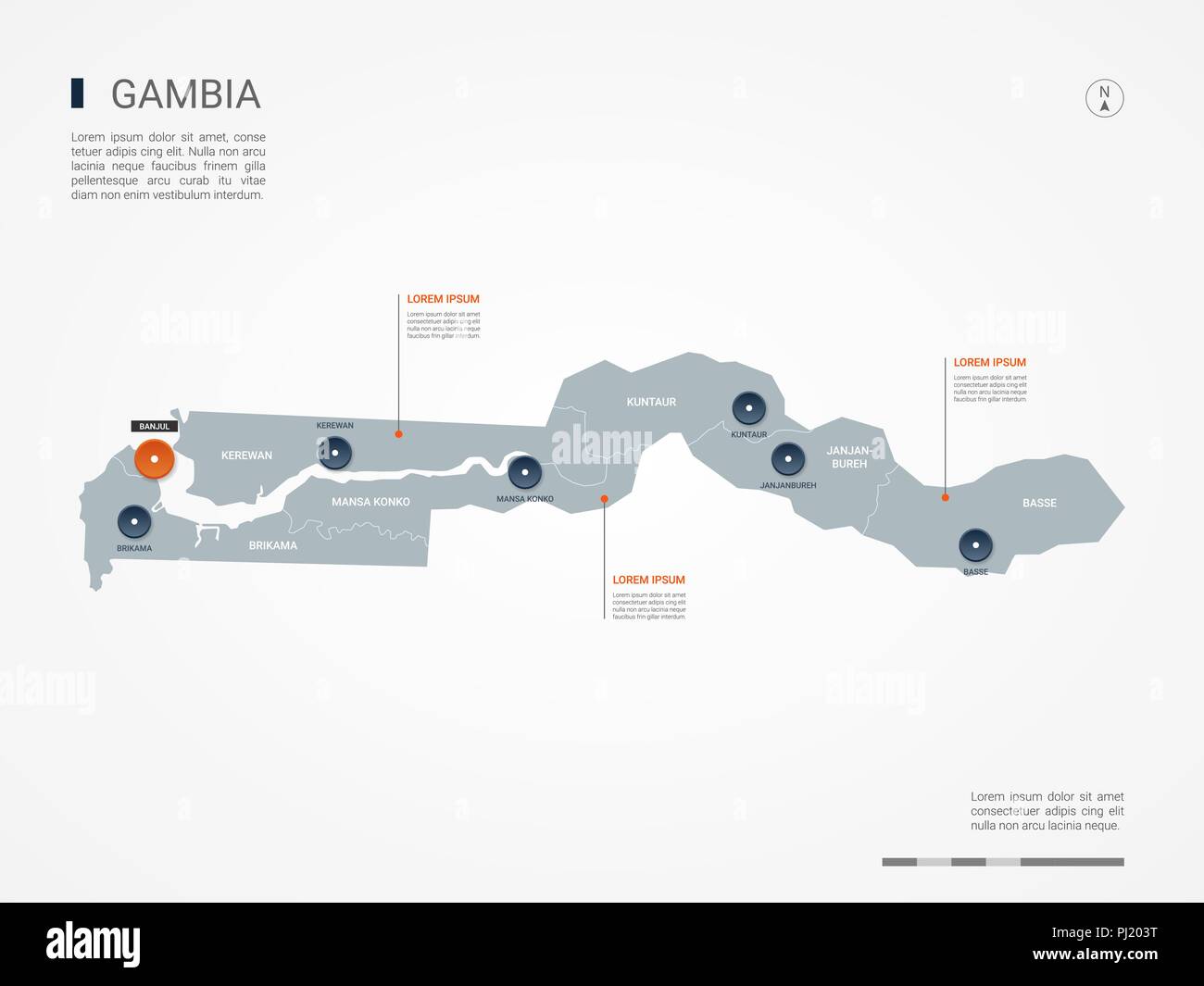 Gambia map with borders, cities, capital and administrative divisions ...