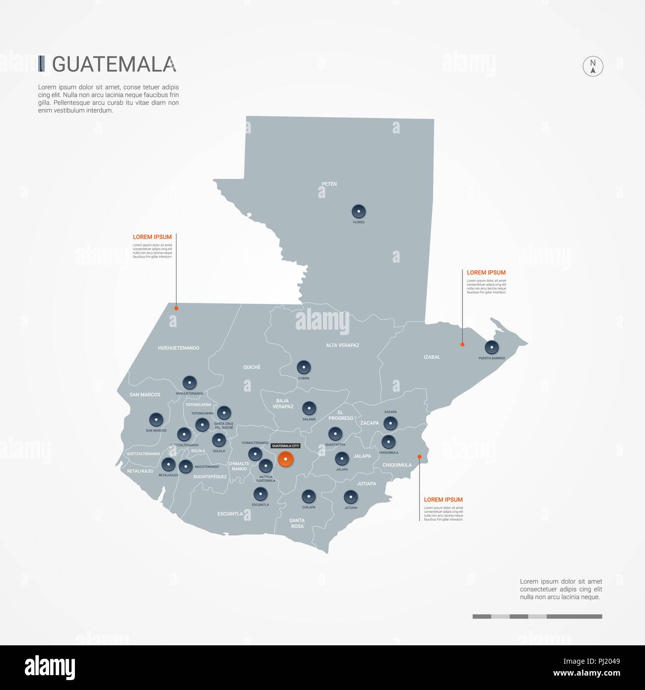 Guatemala map with borders, cities, capital and administrative ...
