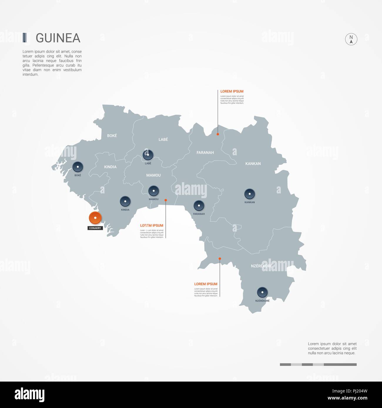 Guinea map with borders, cities, capital and administrative divisions ...
