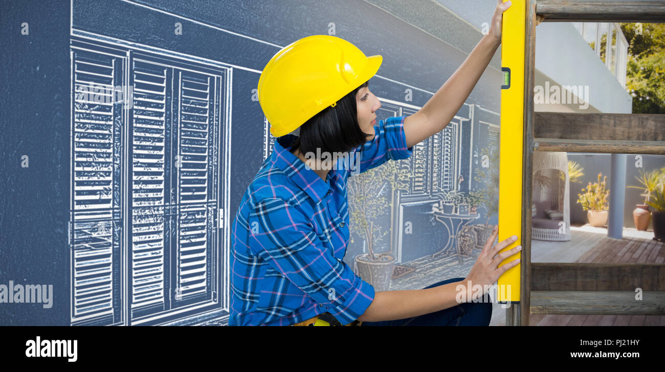 Composite image of female architect measuring plywood with engineer ...