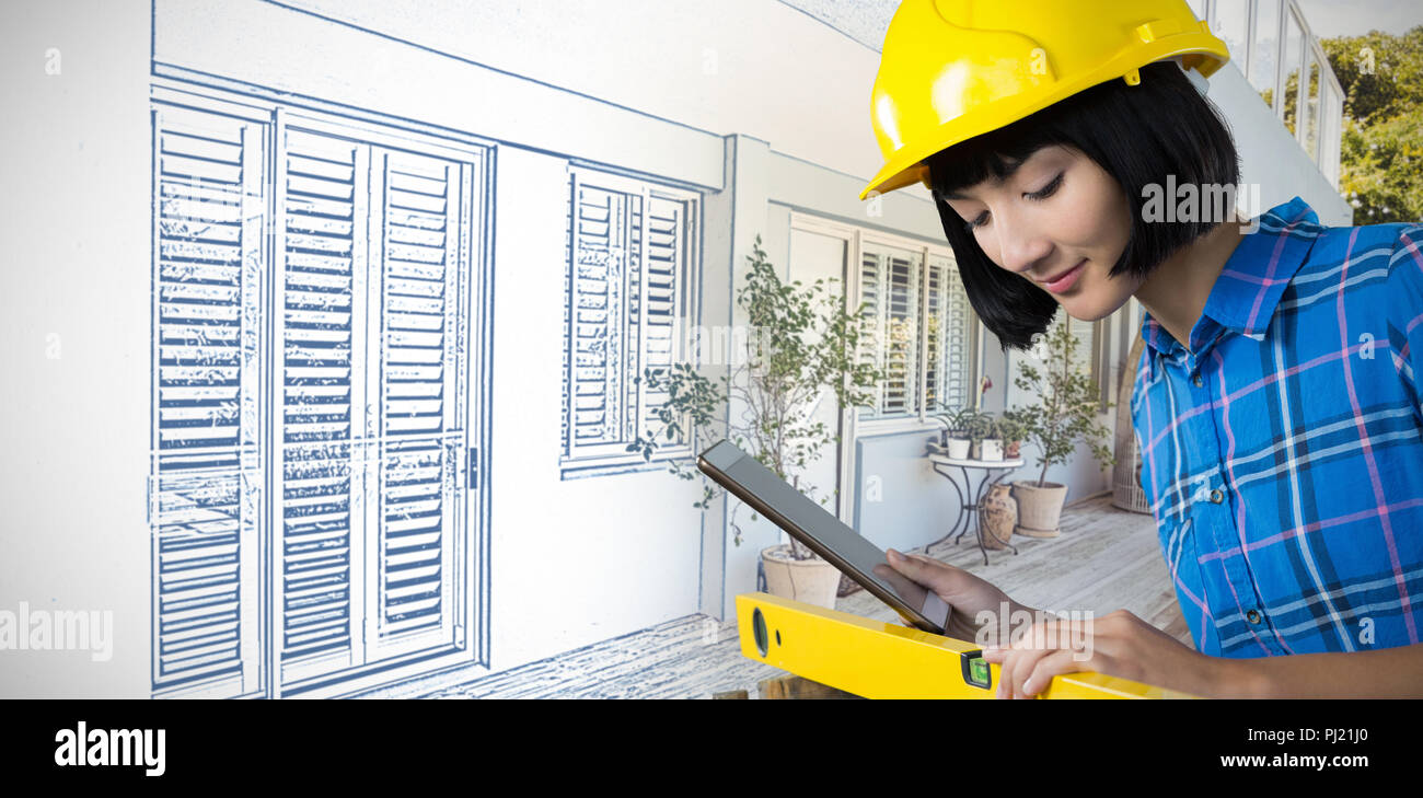 Composite image of female architect measuring plywood with engineer ...