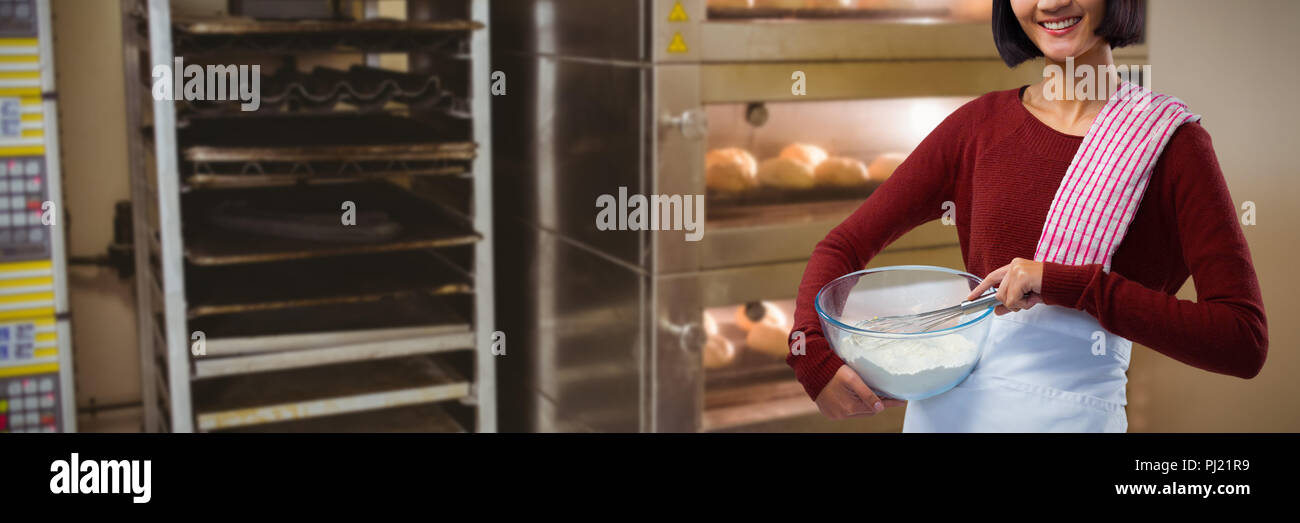 Composite image of smiling female chef mixing flour in bowl with whisk ...