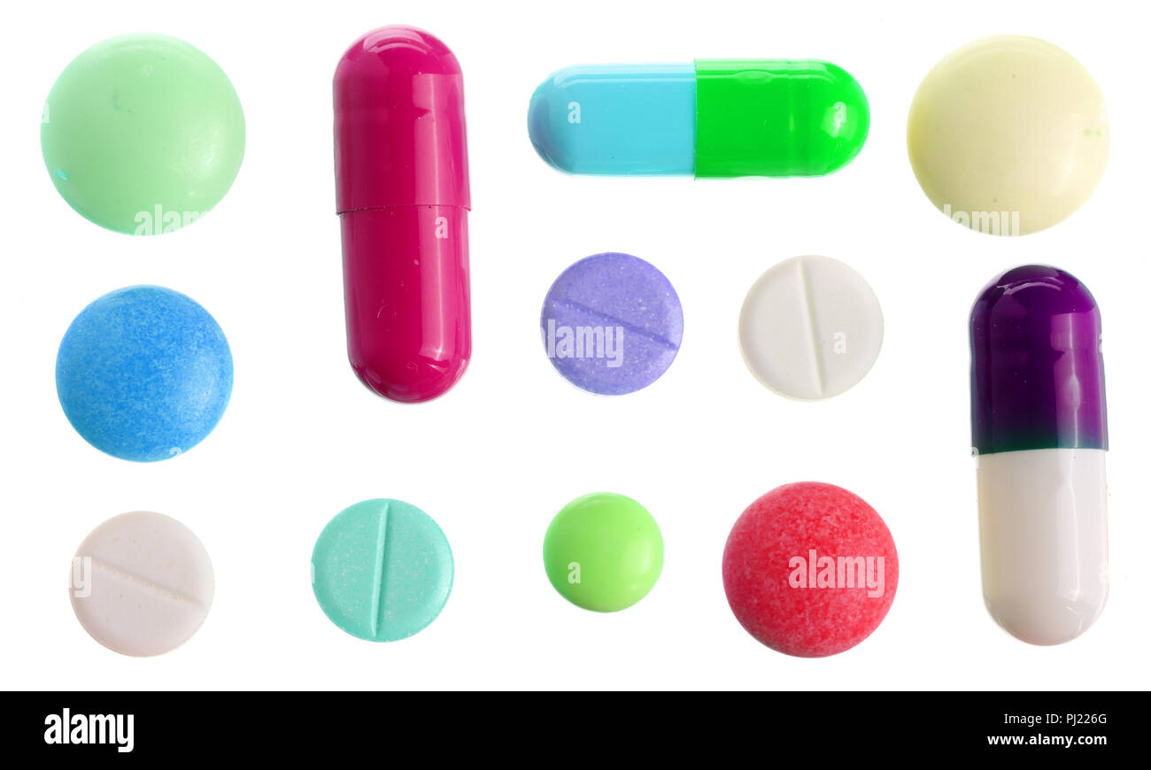 multicolor pill capsule isolated on white background. Top view. Flat ...