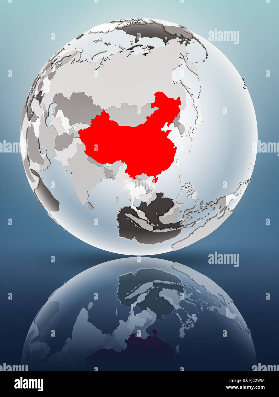 China on globe with translucent oceans on shiny surface. 3D ...