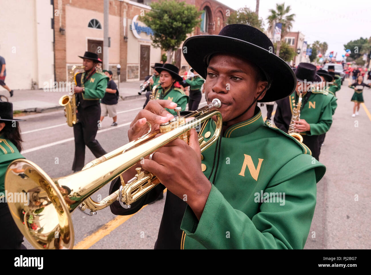 Los Angeles, USA. 3rd Sep, 2018. Members of a marching band perform ...