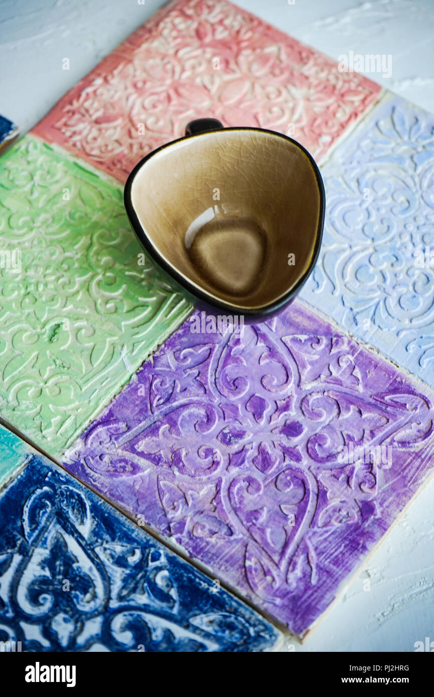 Drink set on mat in moorish style on grey concrete background with copy ...