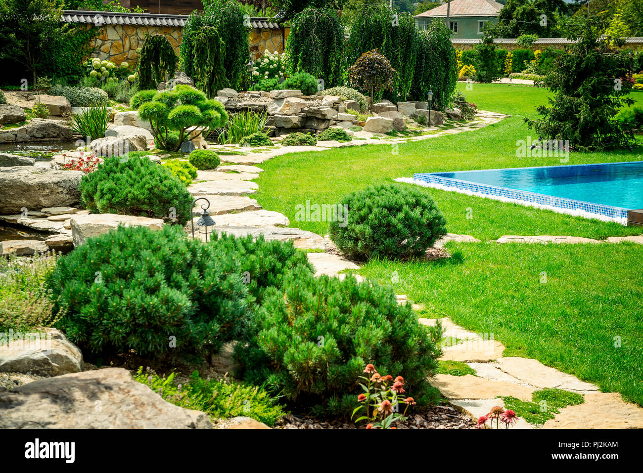 A country house with a beautiful backyard behind the house, landscape ...