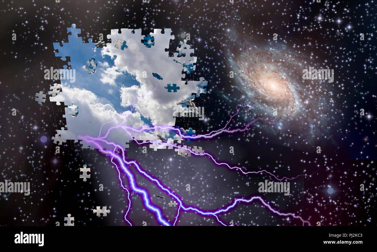 Puzzle pieces fall from night sky revealing day with lightning Stock ...